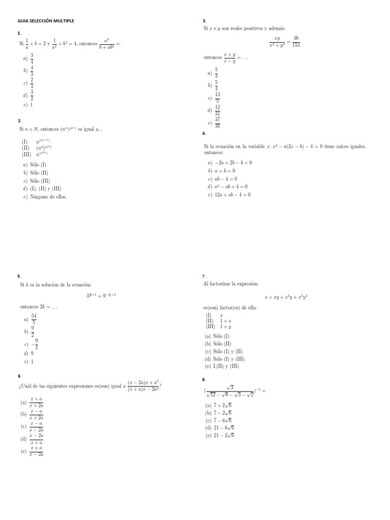Guia Selección Multiple Algebra | PDF | Ecuaciones | Álgebra