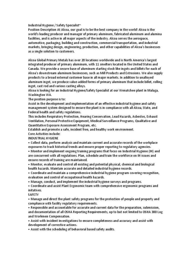 Alcoa IH Safety Specialist12.10 | PDF | Occupational Hygiene | Alcoa