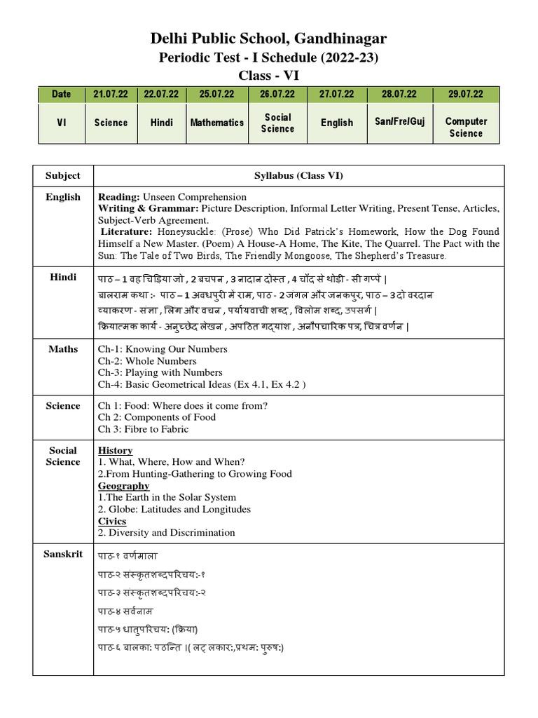 Delhi Public School, Gandhinagar: Periodic Test - I Schedule (2022-23 ...