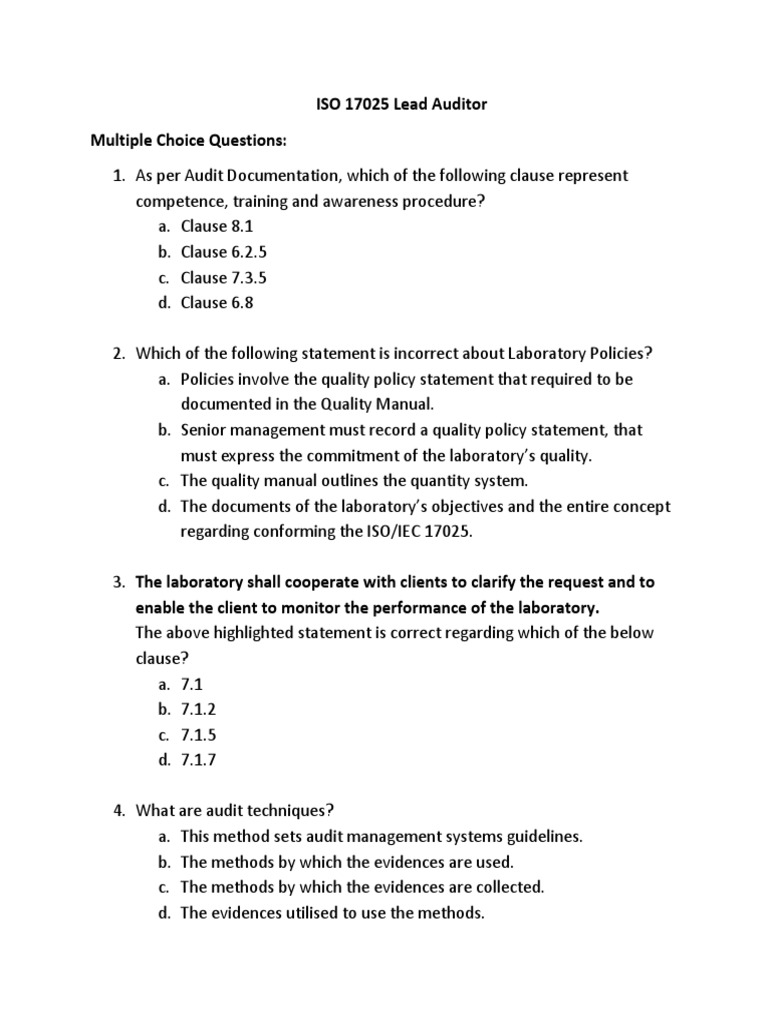 ISO 17025 Lead Auditor Exam Questions | PDF | Audit | Internal Audit