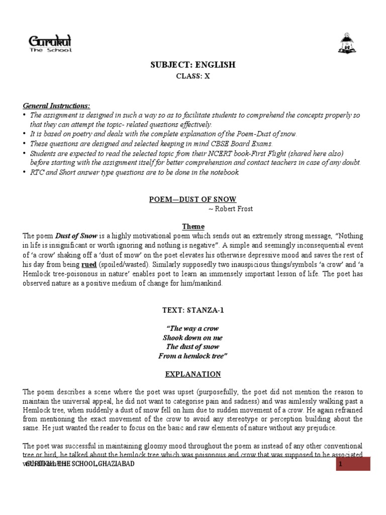 Class X English: Dust of Snow | PDF | Poetry | Rhyme