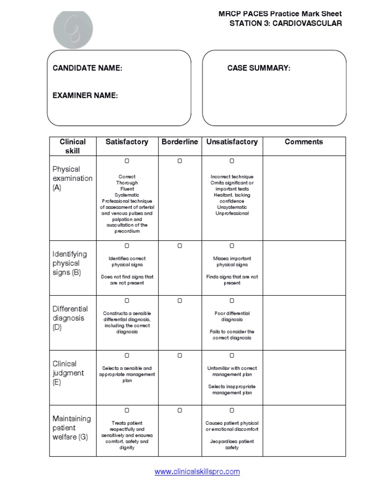 Station 3 Cardiovascular MRCP PACES Practice Mark Sheet | PDF | Medical ...
