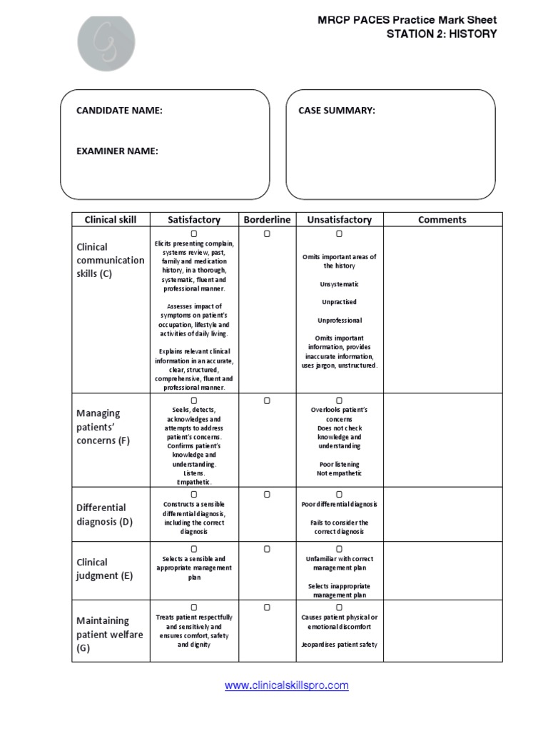 Station 2 History MRCP PACES Practice Mark Sheet | PDF | Medical Diagnosis | Patient
