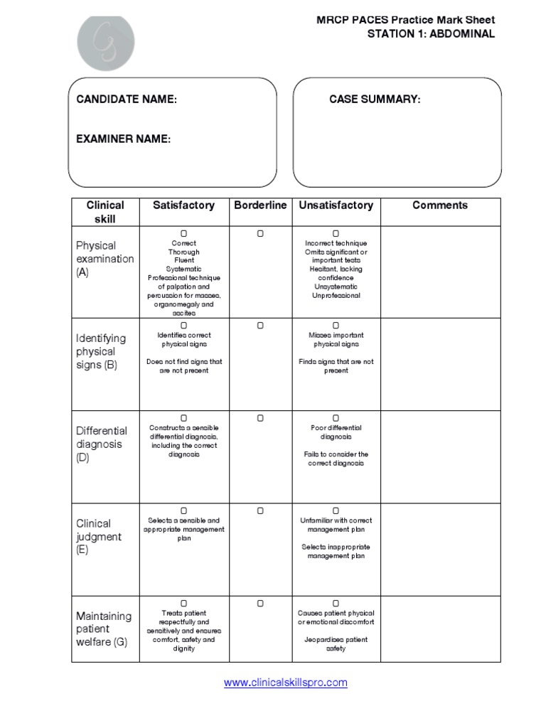 Station 1 Abdominal MRCP PACES Practice Mark Sheet | PDF | Medical Diagnosis | Diseases And ...