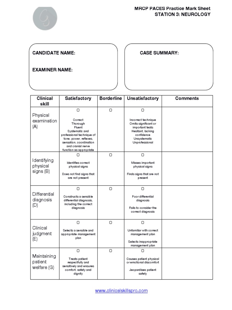 Neurology MRCP PACES Mark Sheet | PDF | Neurology | Neuroscience