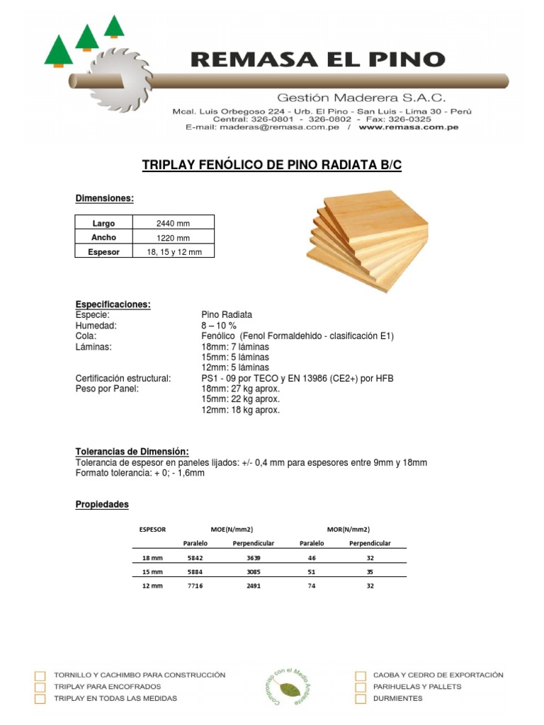 Especificaciones Triplay Fenolico PINO BC G | PDF | Materiales ...