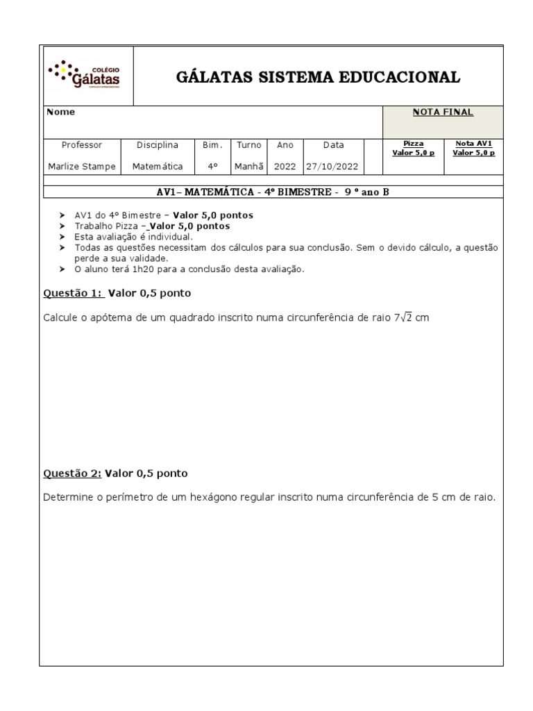 AV1 9 Ano B 4 Bim 2022 | PDF | Polígono | Círculo