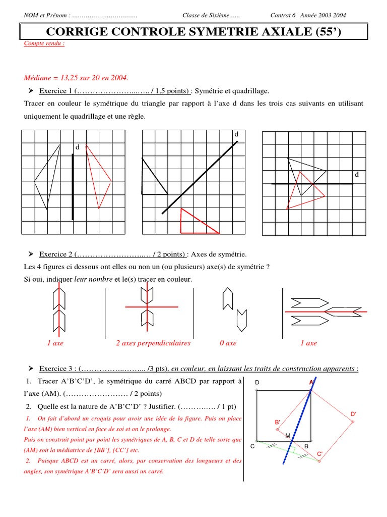 6eme Symetrie Corrigecontrole04 | PDF | Triangle | Mathématiques