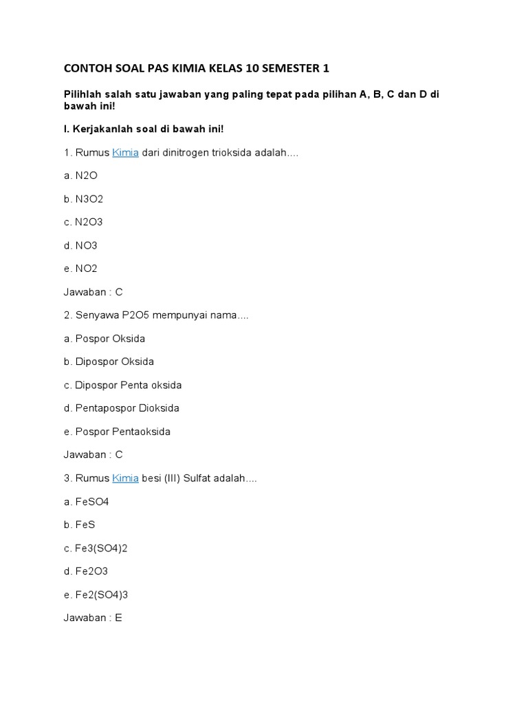 Contoh Soal Pas Kimia Kelas 10 Semester 1 | PDF