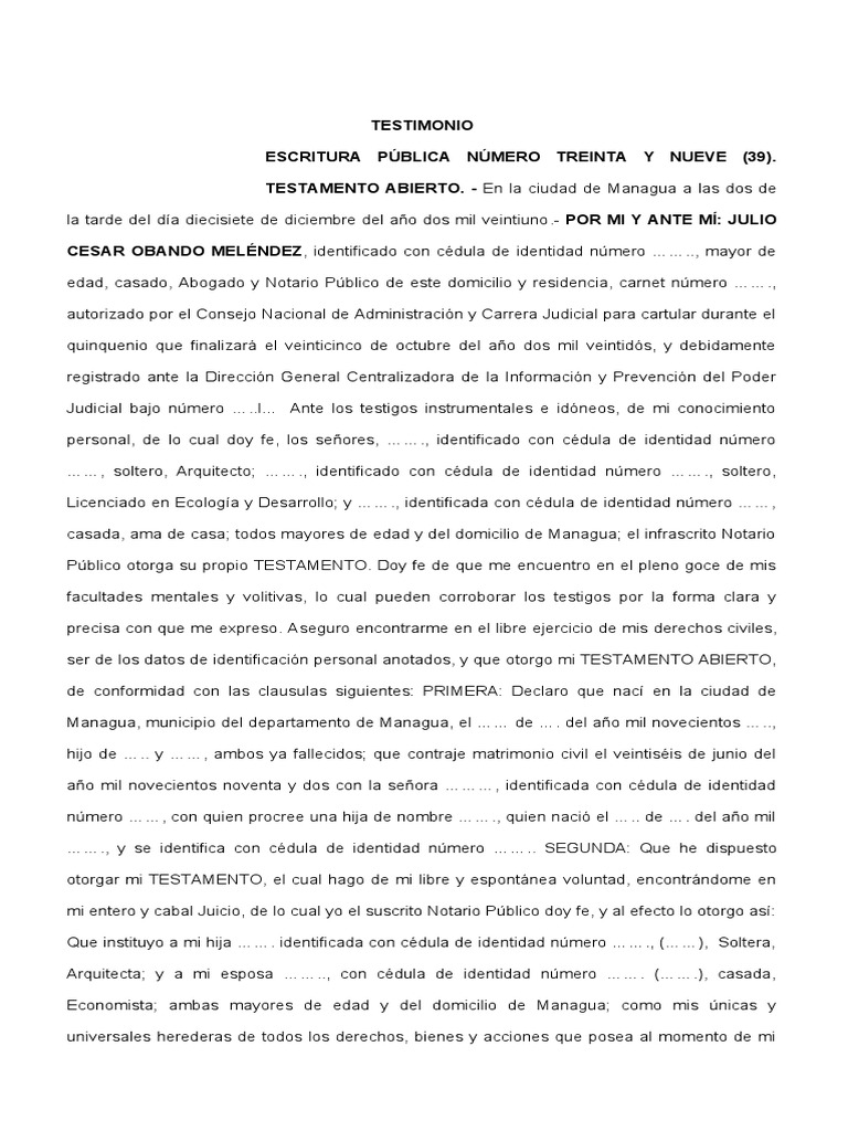 Testamento Abierto Por Mi y Ante Mi | PDF | Voluntad y testamento ...