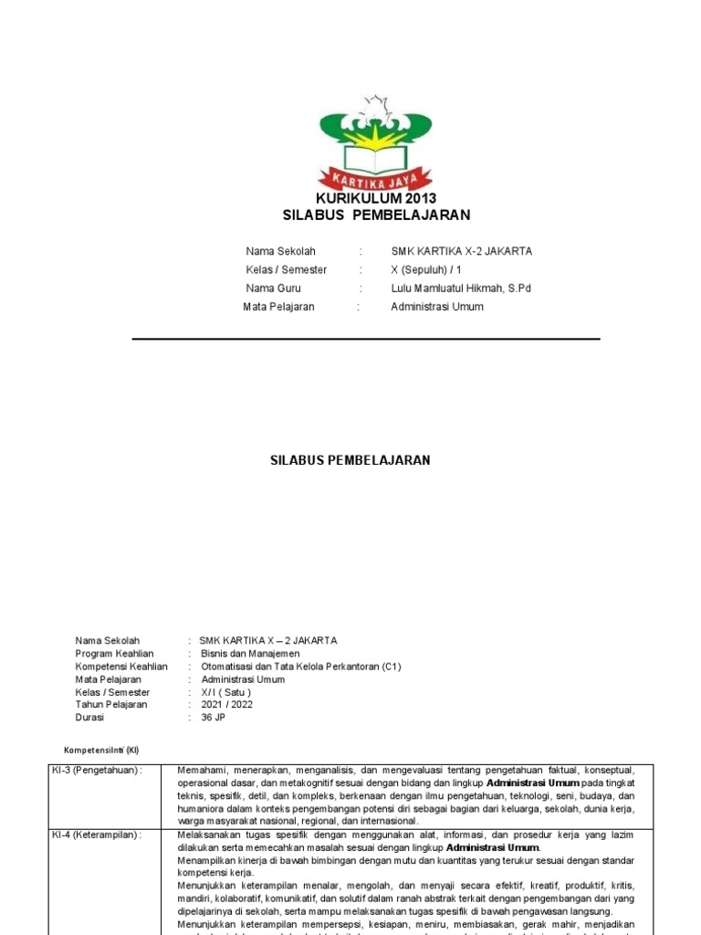 1.1. Silabus Administrasi Umum 10 OTKP | PDF | Komputer