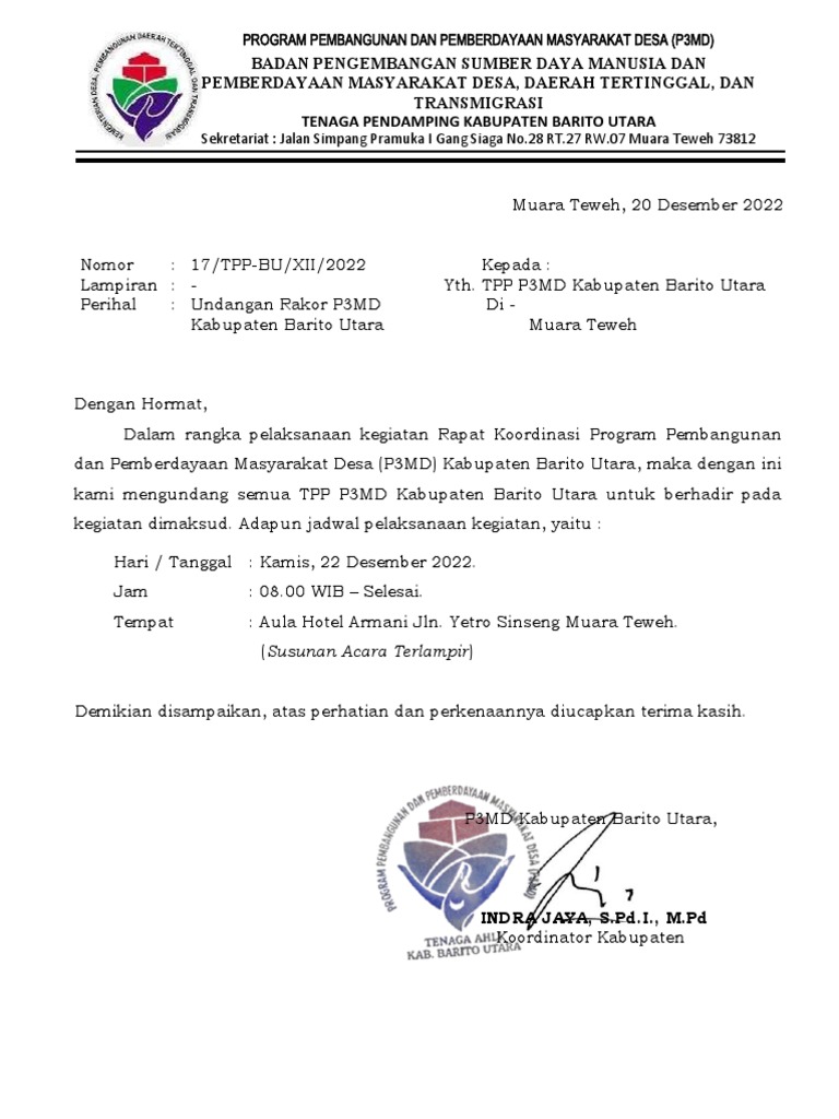 Surat Undangan Rakor P3MD Barut - 22122022 | PDF