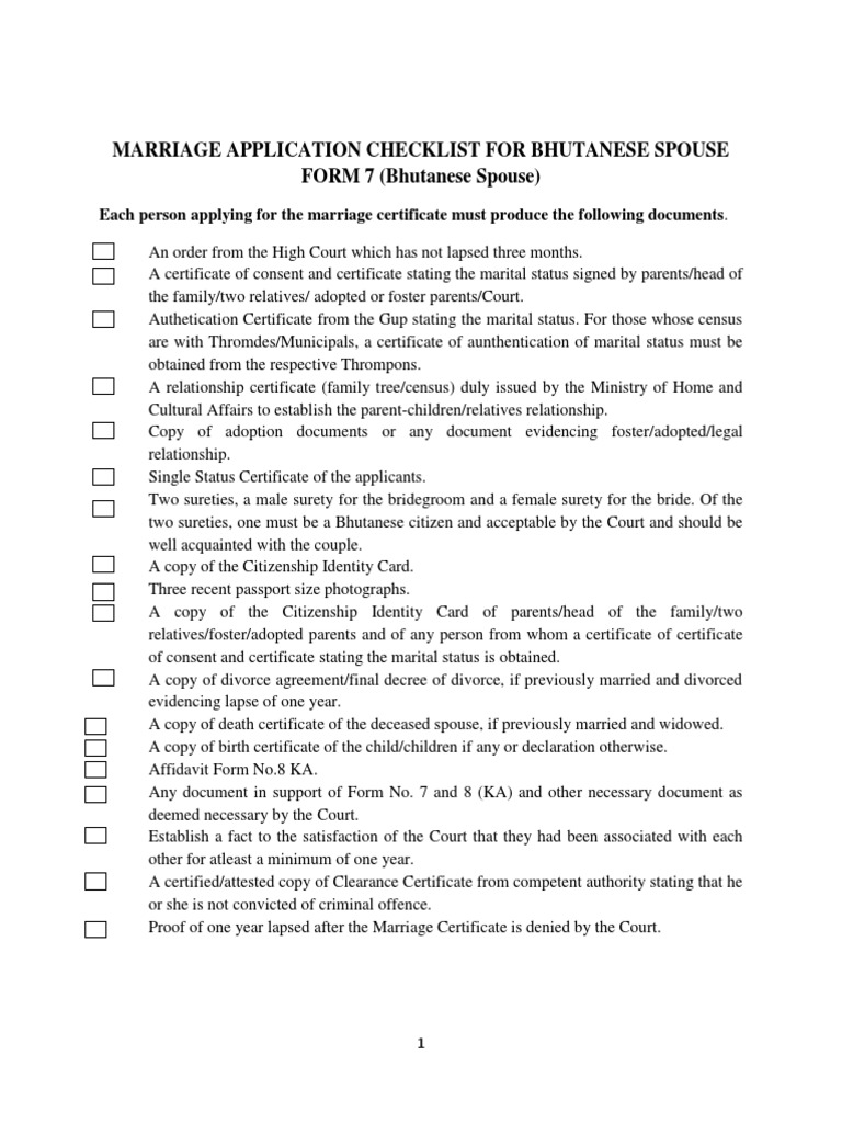 Marriage Application Checklist For Bhutanese Spouse FORM 7 (Bhutanese ...