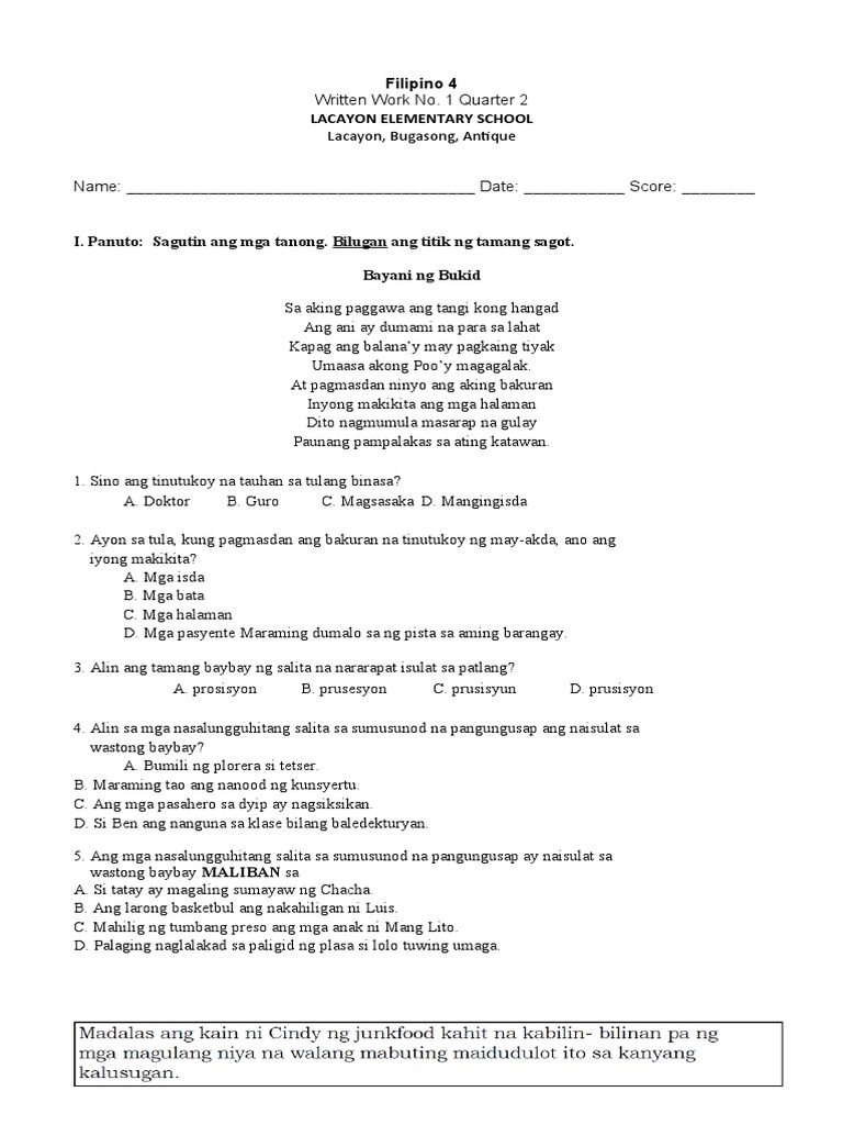 Summative Tests FILIPINO 4 Q2 SY 2021-2022 | PDF Summative Tests FILIPINO 4 Q2 SY 2021-2022 | PDF