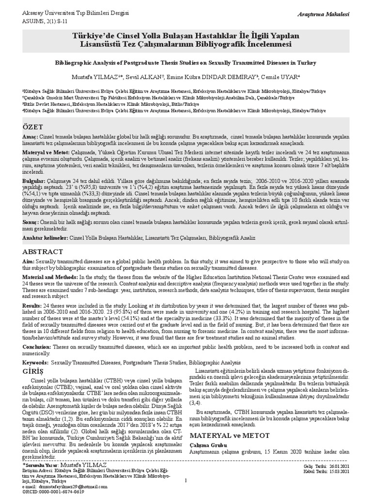 T Rkiye de Cinsel Yolla Bula An Hastal Klar Le Lgili Yap Lan Lisans ST Tez Al Malar N N ...