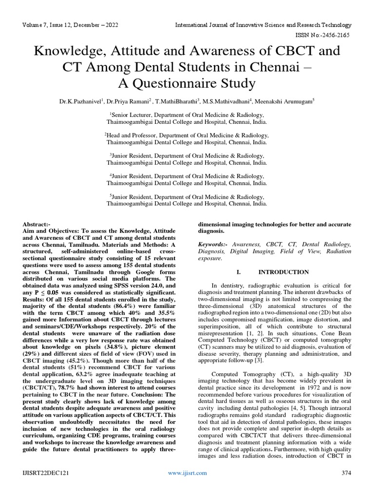Knowledge, Attitude and Awareness of CBCT and CT Among Dental Students ...
