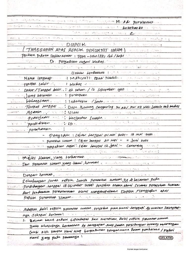 Duplik - Praktik Kemahiran Pidana - Adi Purwanto | PDF