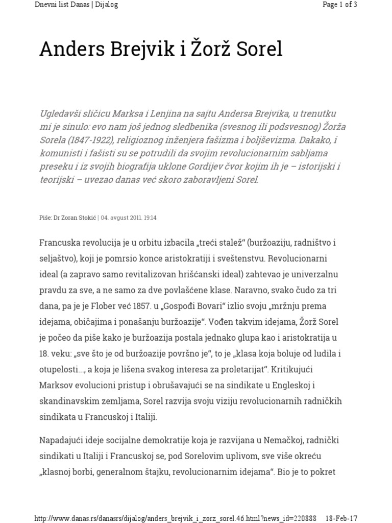 Stokic, Zoran - Anders Brejvik I Zorz Sorel | PDF