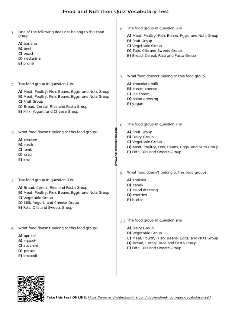 172 - Food and Nutrition Quiz Vocabulary Test | PDF | Foods | Candy