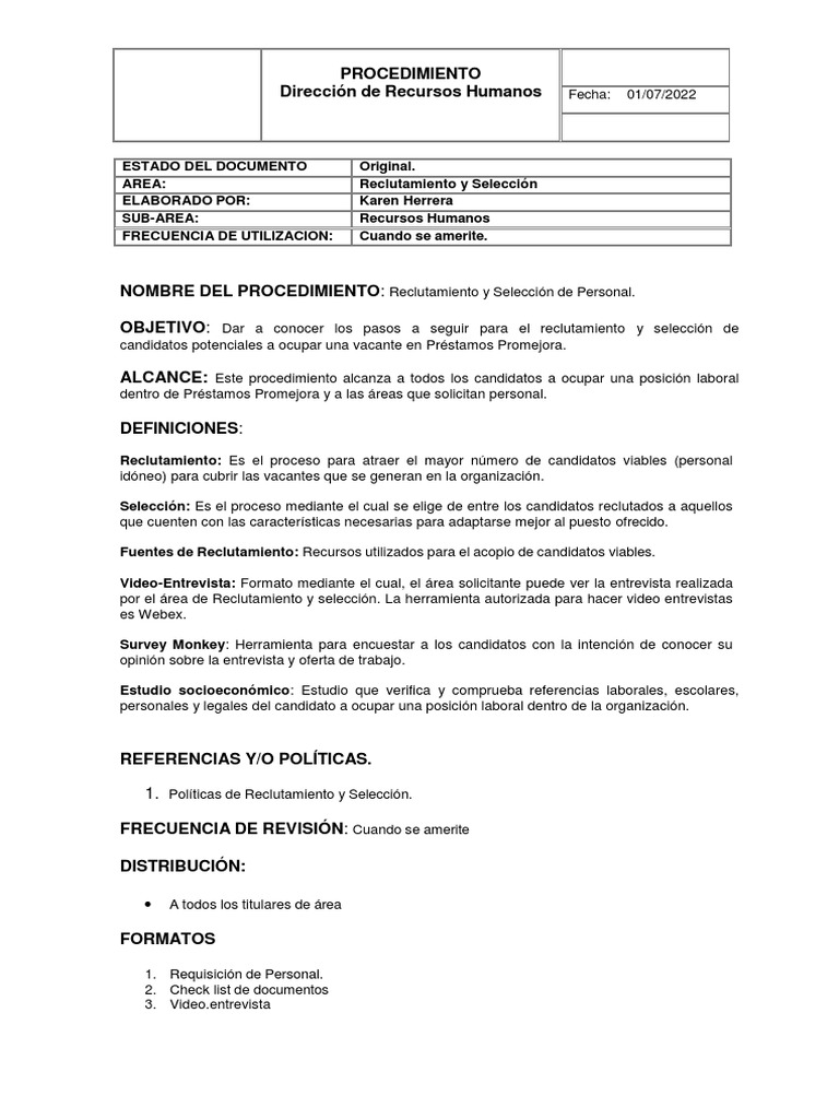 Procedimiento de Reclutamiento y Seleccion | PDF | Gestión de recursos humanos | Reclutamiento
