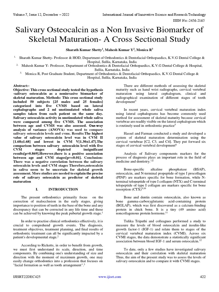 Salivary Osteocalcin As A Non Invasive Biomarker of Skeletal Maturation ...