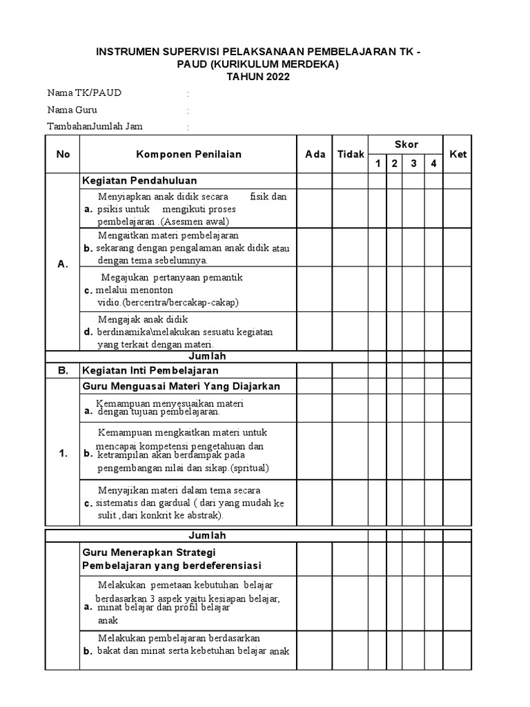 03 Instrumen Supervisi TK Paud Ok | PDF
