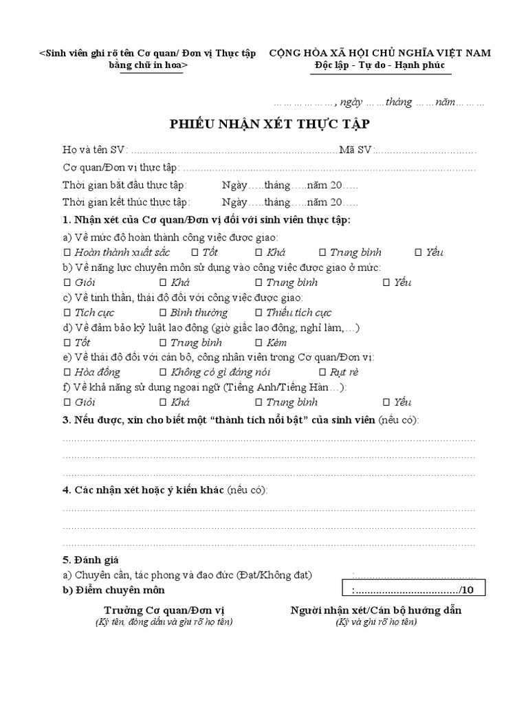 Mau Nhan Xet Cua Don VI Thuc Tap | PDF