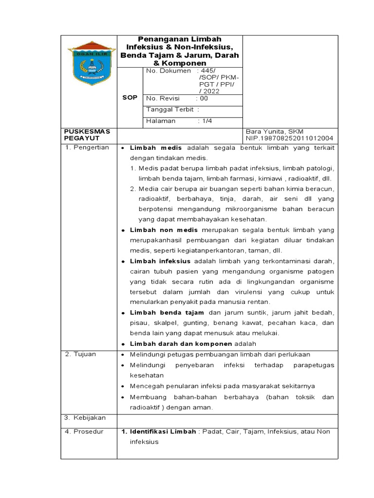 Sop Penanganan Limbah Infeksius Dan Non Infeksius, Benda Tajam & Jarum, Darah & Komponen | PDF