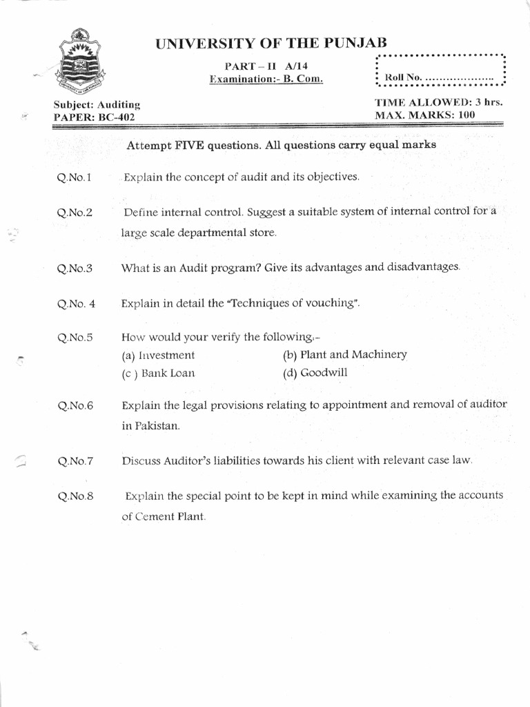 BC 402 PII Past Papers | Download Free PDF | Audit | Financial Audit
