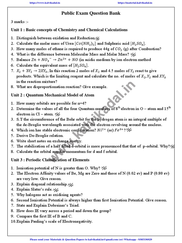 11th Chemistry 3 Marks Question Bank EM | PDF | Atomic Orbital ...