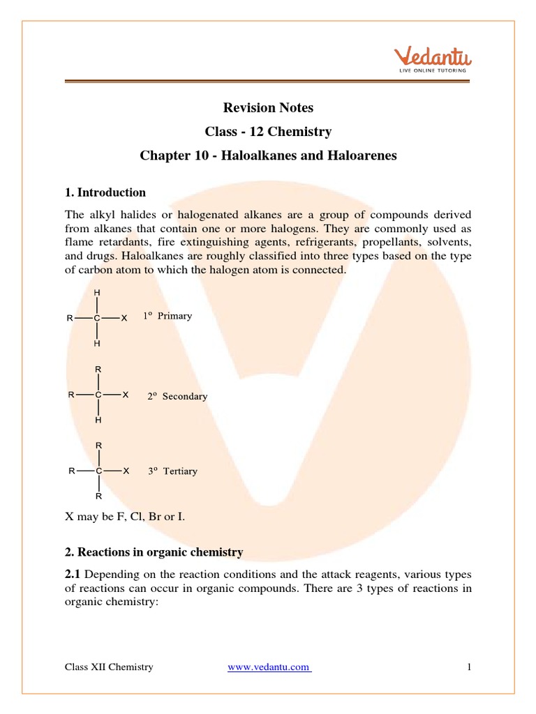 Class 12 Chemistry Revision Notes Haloalkanes and Haloarenes | PDF ...