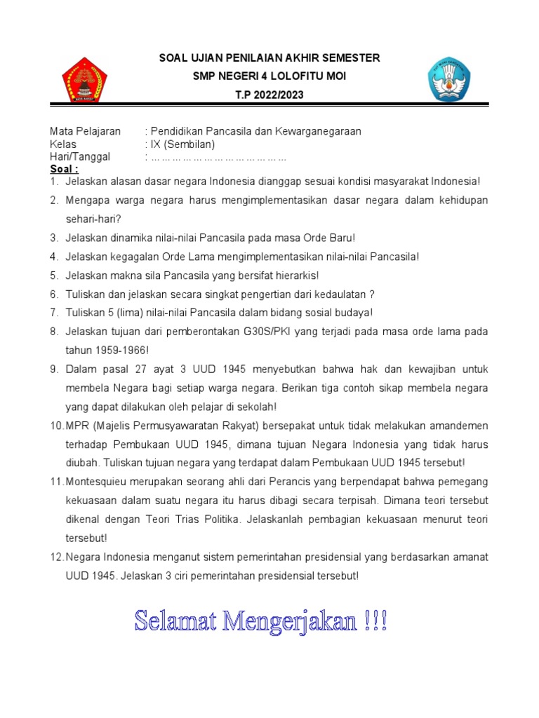 SOAL UJIAN PENILAIAN AKHIR SEMESTER PPKN KELAS IX | PDF