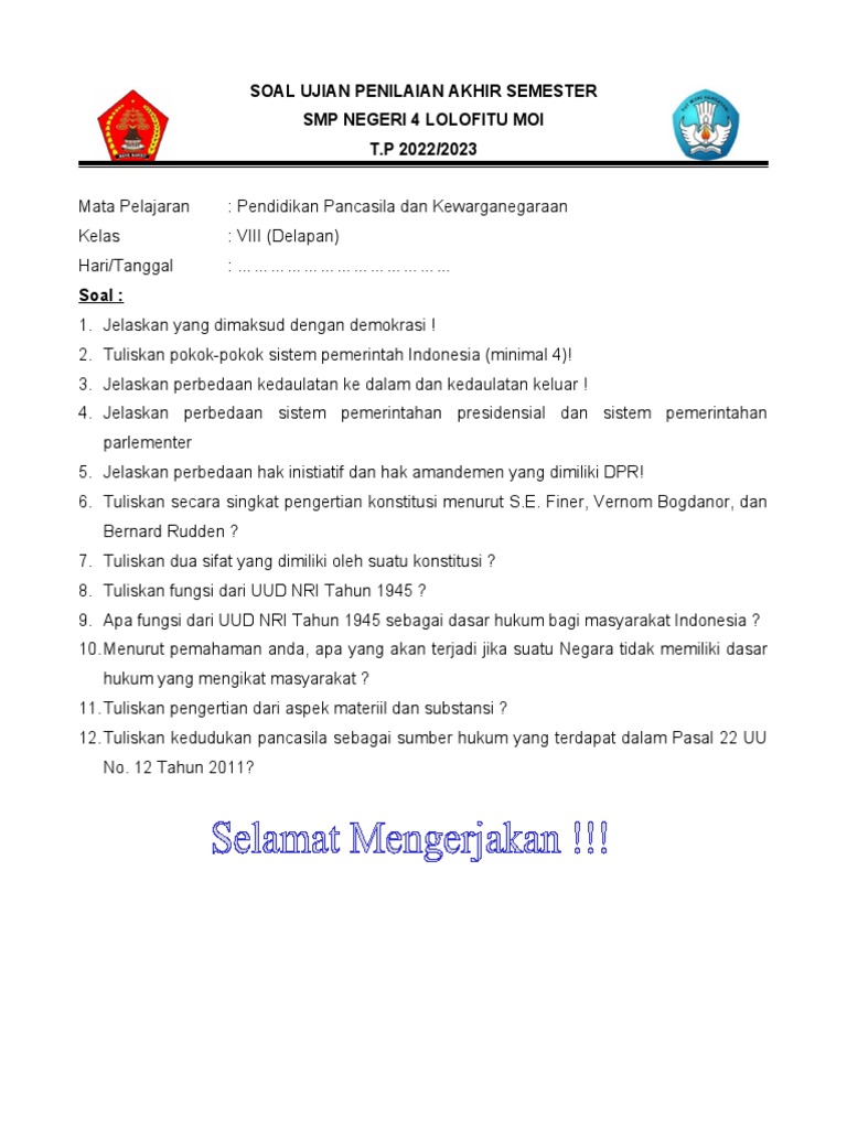 SOAL UJIAN PENILAIAN AKHIR SEMESTER PPKN KELAS VIII | PDF