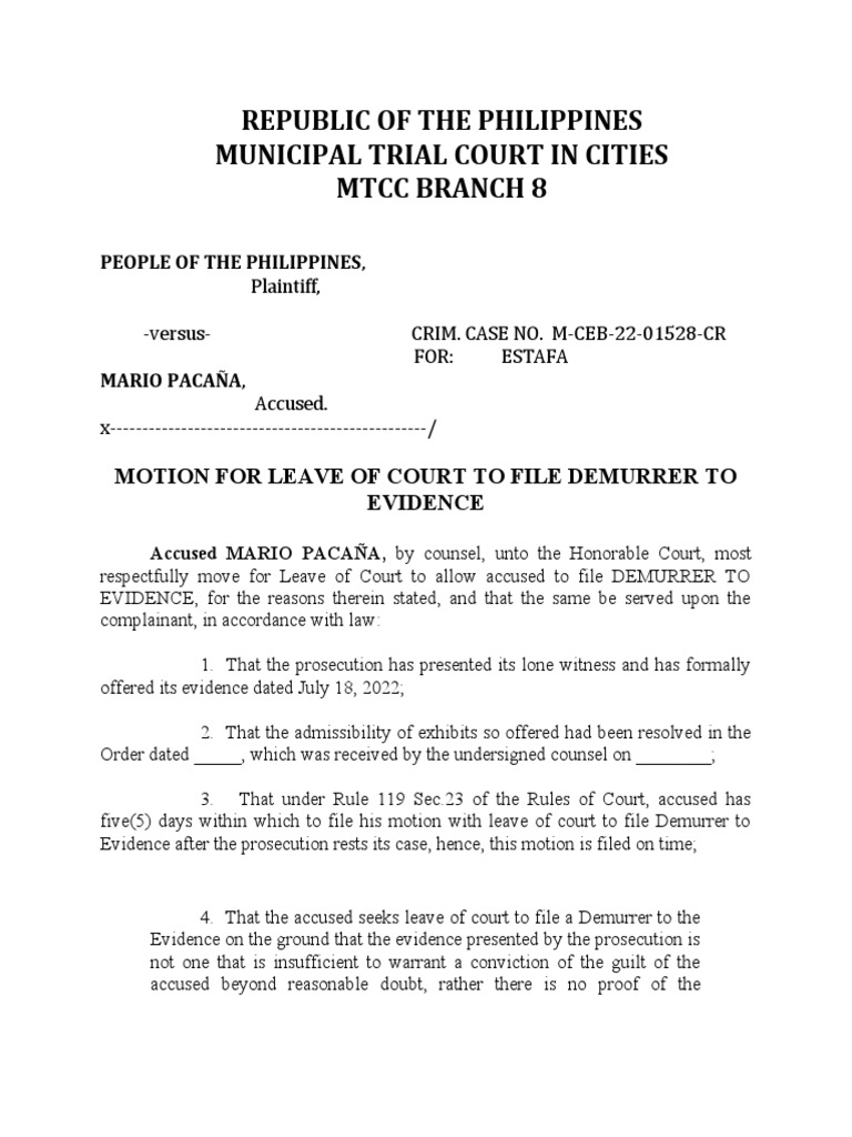 Motion For Leave To File Demurrer To Evidence 1 | PDF | Fraud | Burden ...