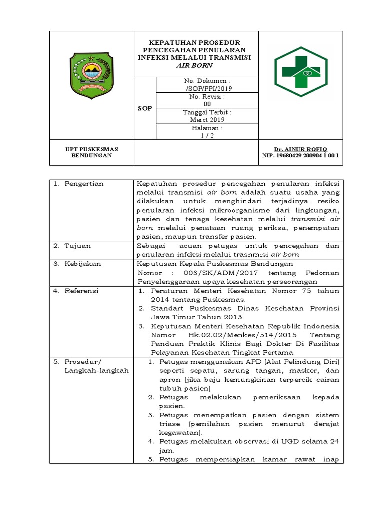 Sop Kepatuhan Prosedur Pencegahan Penularan Infeksi Melalui Transmisi ...