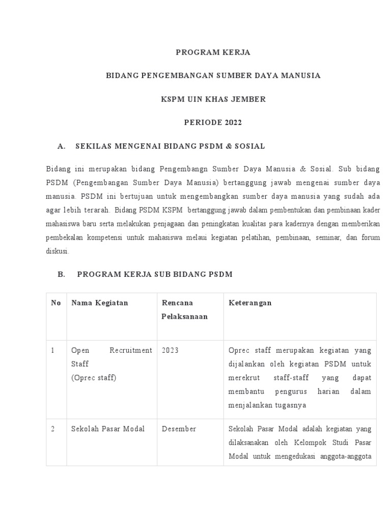 PROGRAM KERJA PSDM KSPM UIN KHAS Jember | PDF