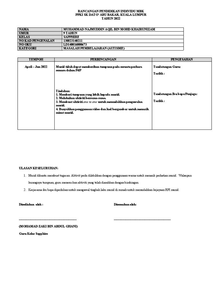Borang Rpi MBK Aqel | PDF