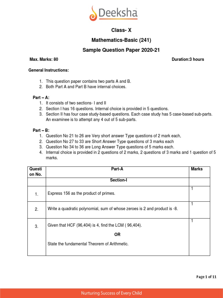 CBSE Class 10 Maths Basic Sample Paper With Solutions 2020 2021 | PDF | Triangle | Area