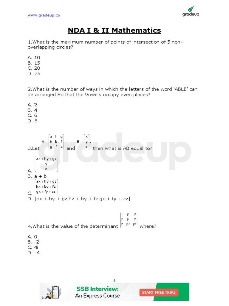NDA Mathematics Exam Questions | PDF | Triangle | Mean