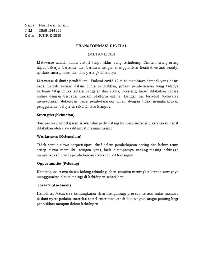 Analisis SWOT Metaverse - Nur Hasan Isnaini - 20601244102 | PDF