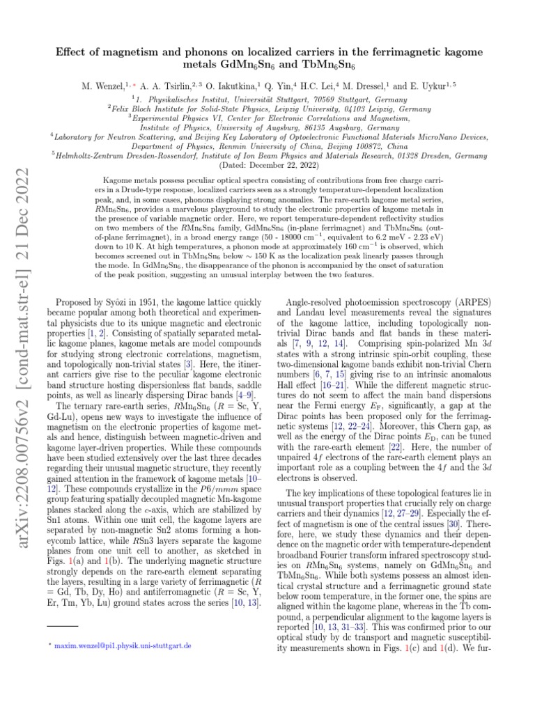 2022 Arxiv GdMn6Sn6 and TbMn6Sn6 | PDF | Magnetism | Electrical ...