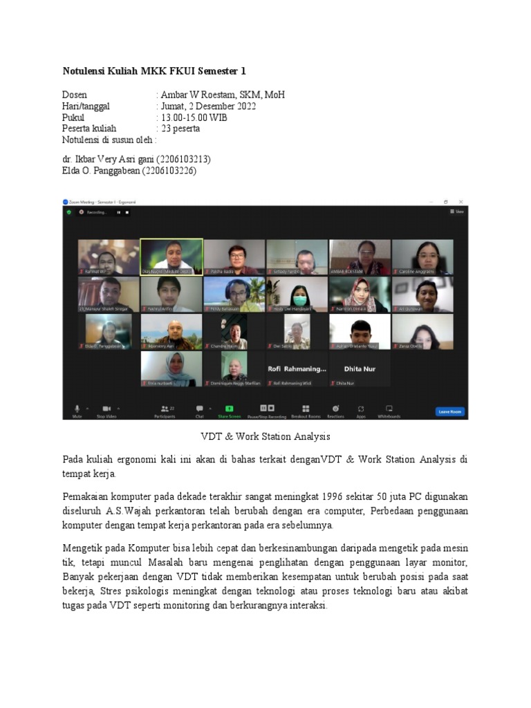 Notulensi Kuliah MKK FKUI Semester 1 Ergonomi | PDF