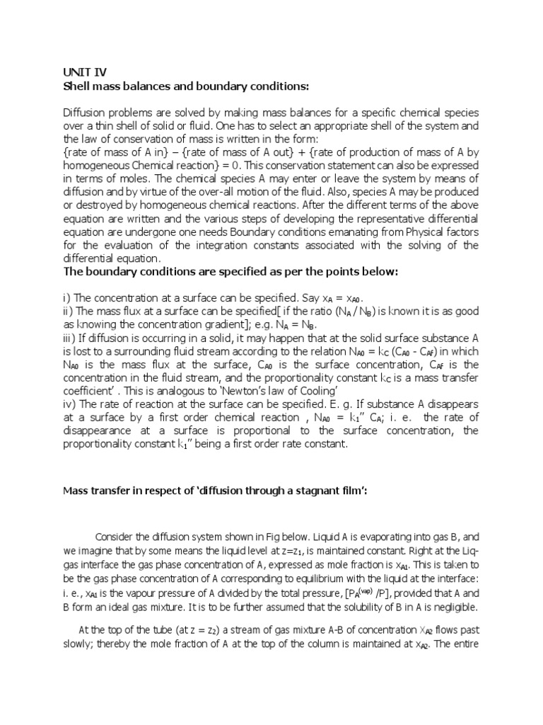 Unit Iv Shell Mass Balances and Boundary Conditions:: Mass Transfer in ...