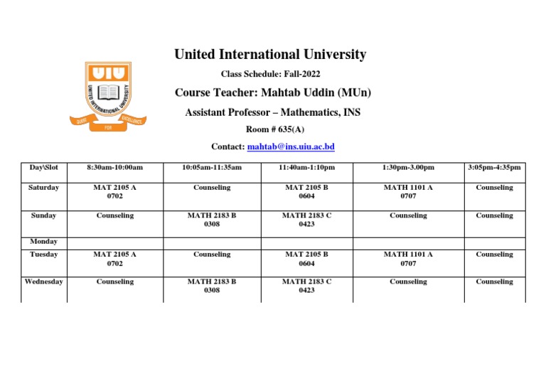 UIU Class Schedule Fall 2022 | PDF
