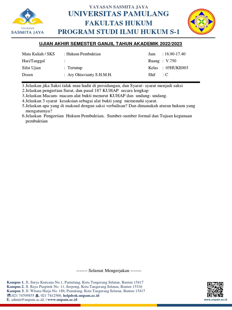 Soal Uas Hukum Pembuktian CS Kelas 05HUKE003 | PDF