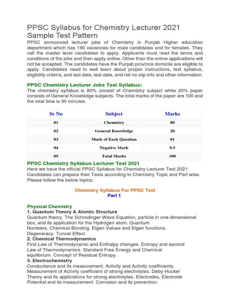 PPSC Syllabus For Chemistry Lecturer 2021 Sample Test Pattern | PDF ...