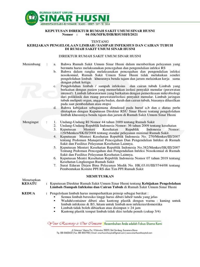 SK Kebijakan Pengelolaan Limbah Infeksius | PDF