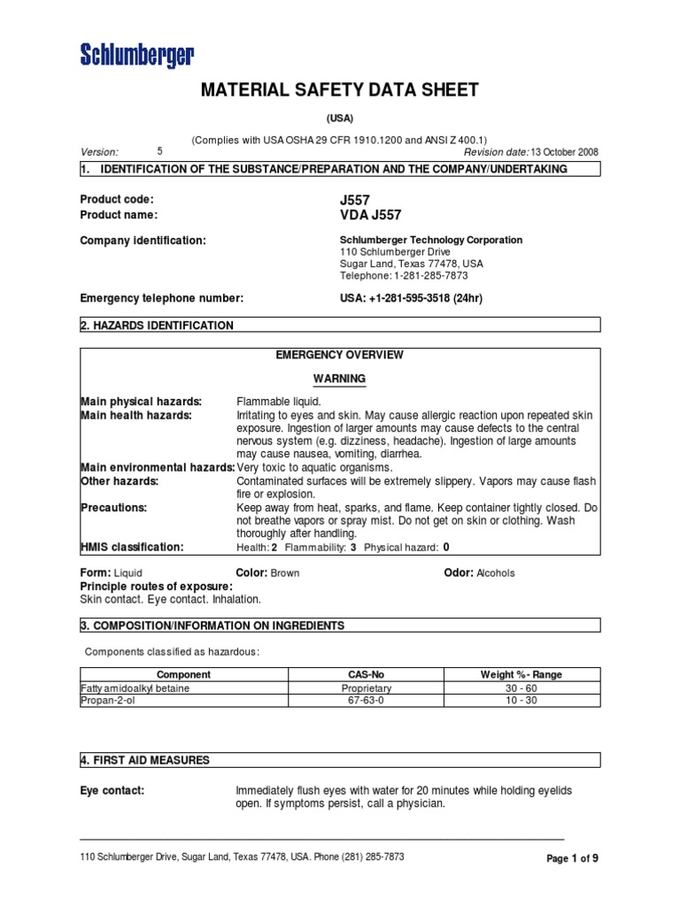 Material Safety Data Sheet: J557 VDA J557 | PDF | Firefighting ...