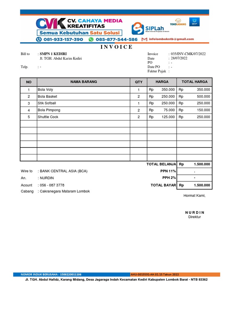 Invoice Belanja SMPN 1 Kediri | PDF