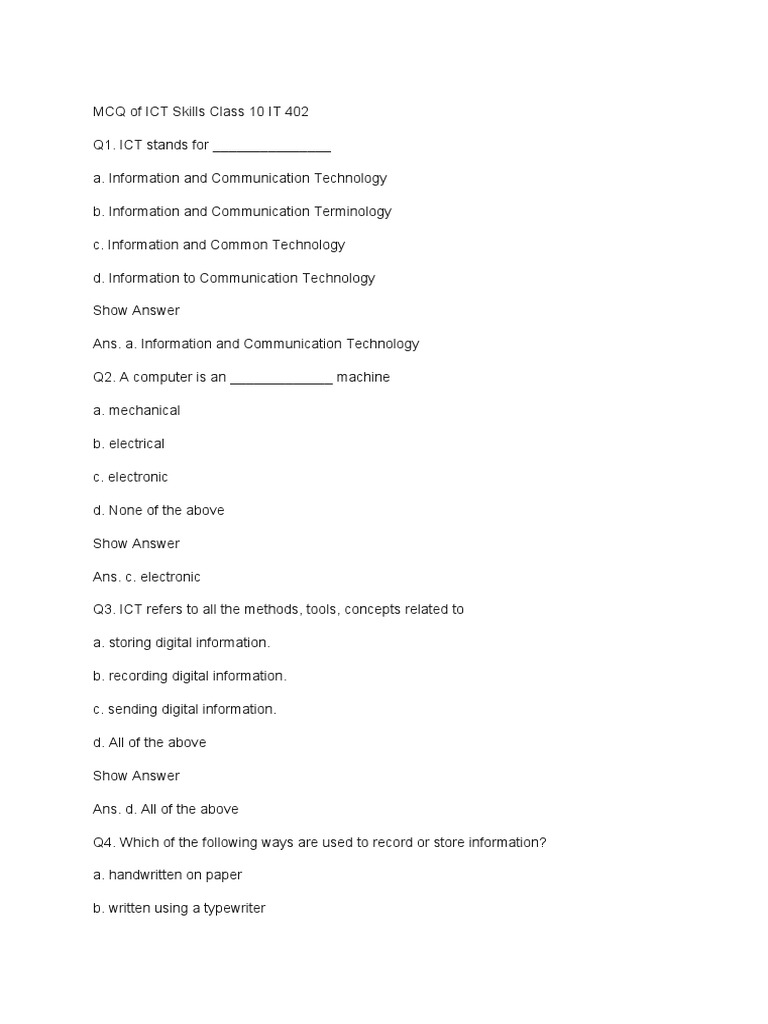 Class 10 ICT Skills MCQ Questions | PDF | Operating System | Antivirus ...